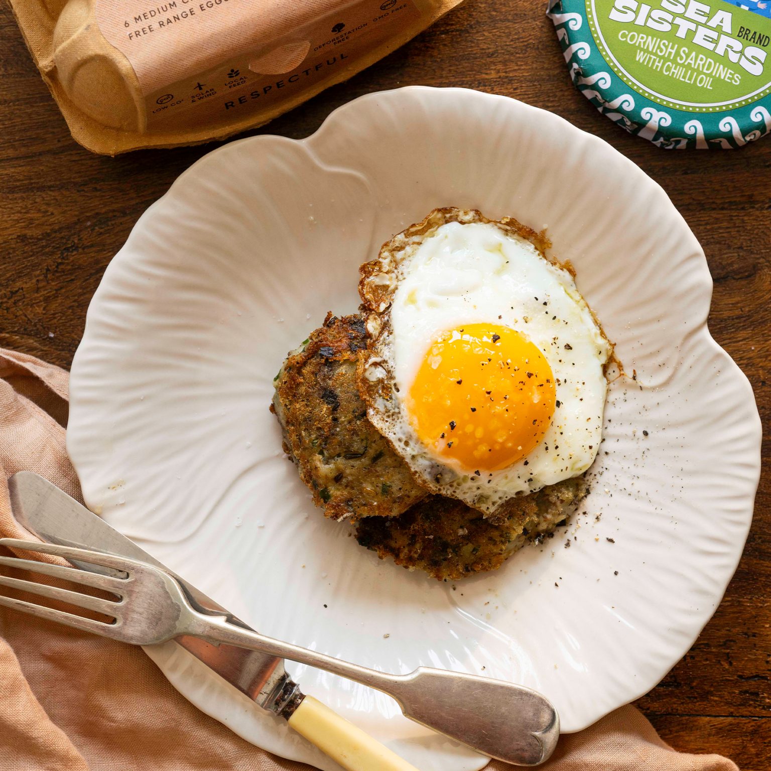 Sea Sisters Cornish sardine potato cakes with a fried egg - Respectful Eggs